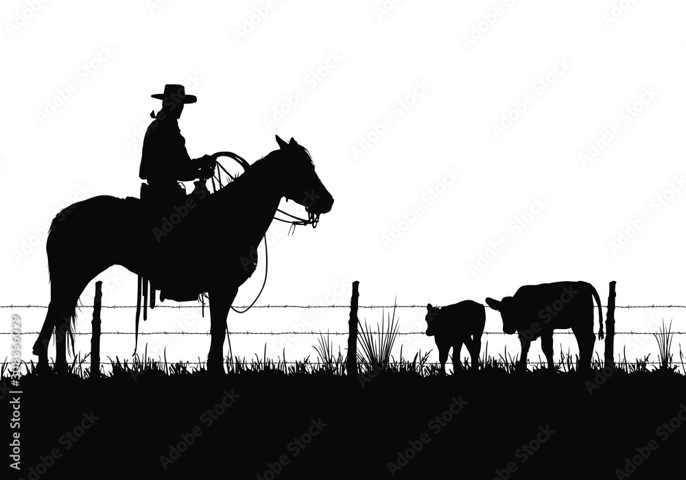 A vector silhouette of a working ranch cowboy on a horse with two young ...