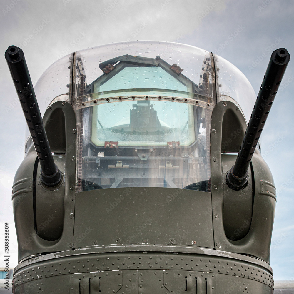Nose turret on WWII B-24 Liberator bomber with twin .50 caliber machine ...