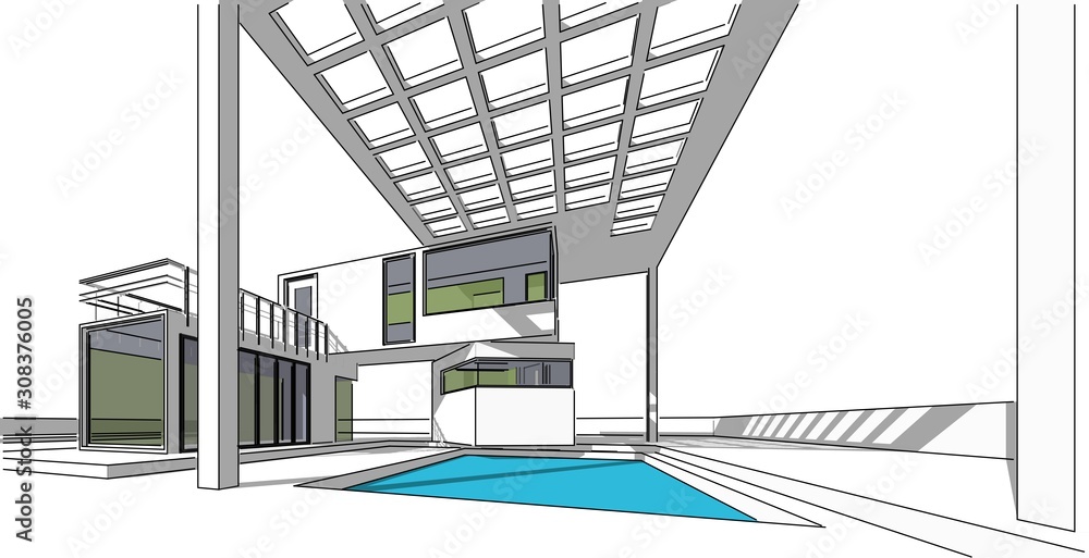 Architectural sketch line, Modern house design work free hands drawing ...