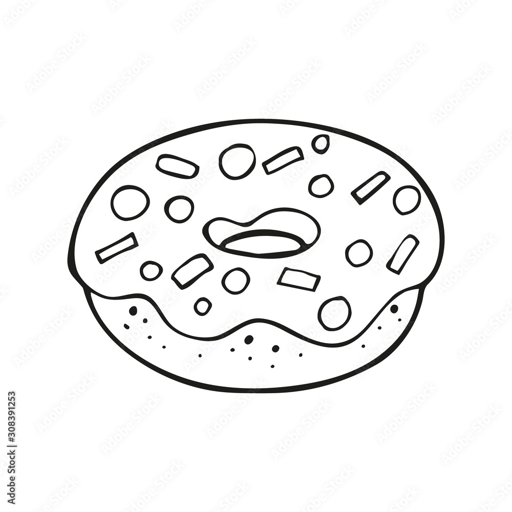Single hand drawn doughnut or donut. In doodle style, black outline ...