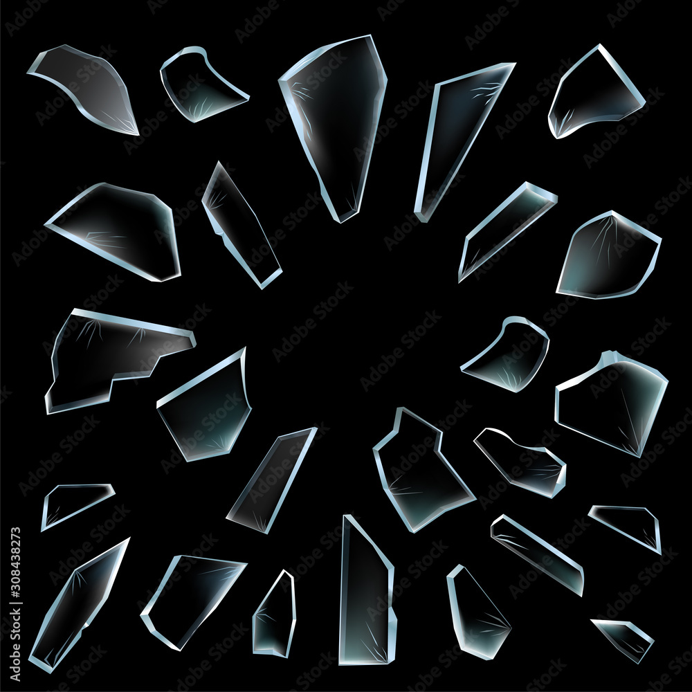 Broken glass pieces. Shattered glass on black background. Vector ...