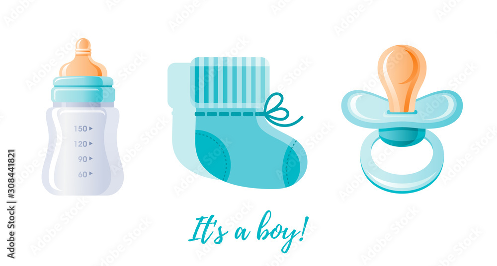 It s a boy, newborn icon set. 3D Cartoon baby born blue symbol. Cute ...