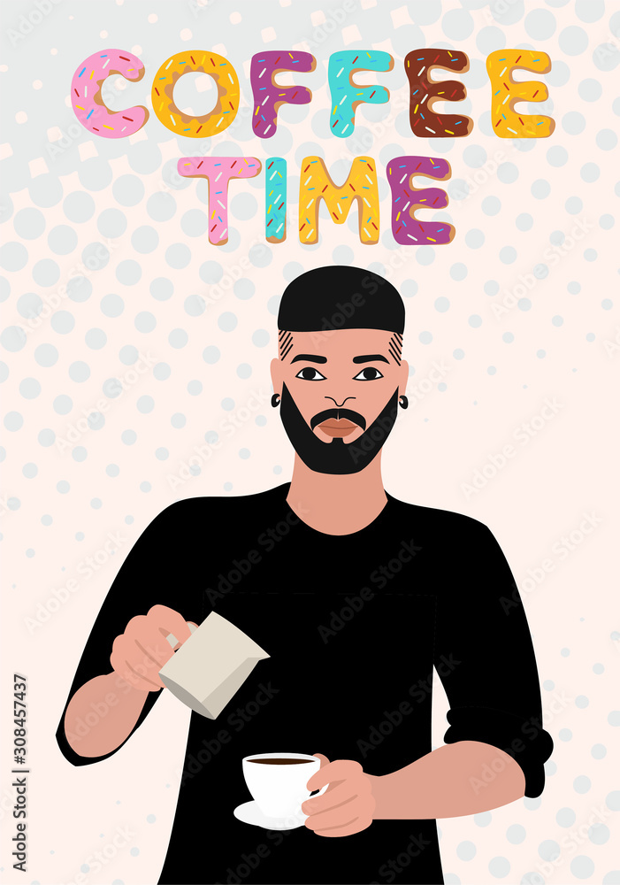 Card with barista making coffee and a sweet donut font title. Vector ...