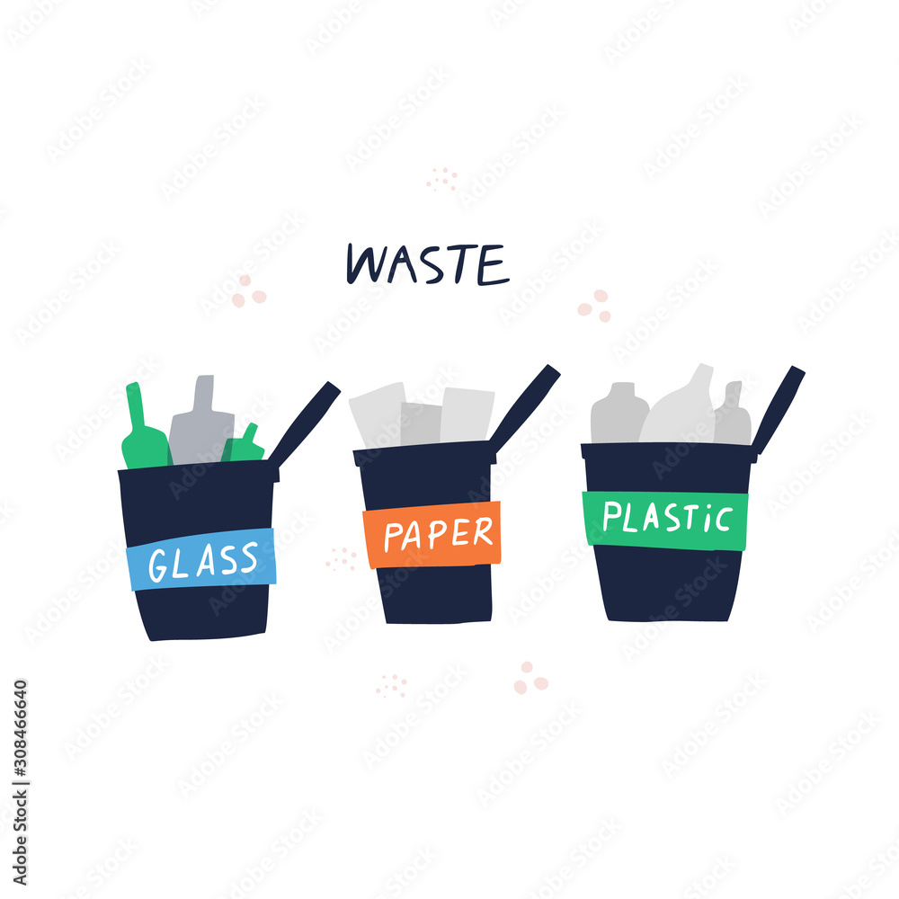 Waste sorting bins hand drawn vector illustration. Cans for glass ...