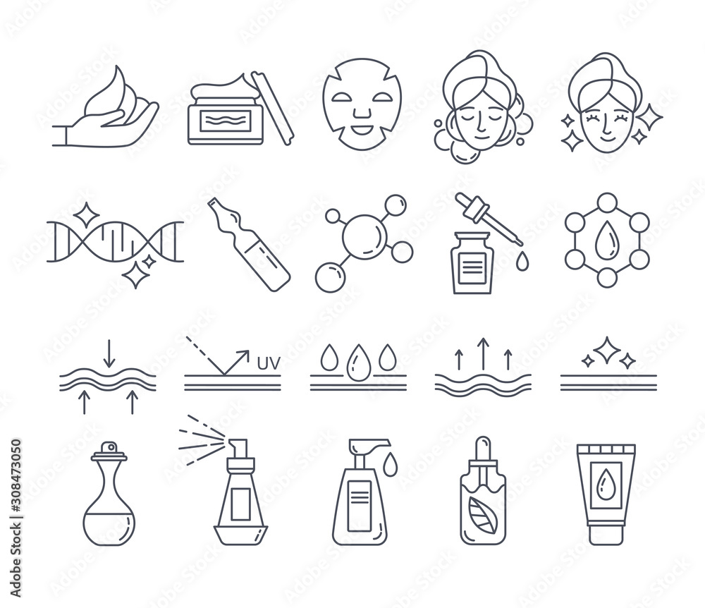 Black and white skin care and beauty cosmetics icons set. Outline signs ...