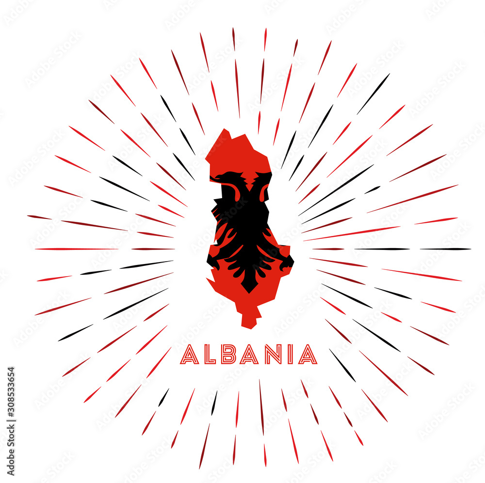 Albania sunburst badge. The country sign with a map of Albania with the ...