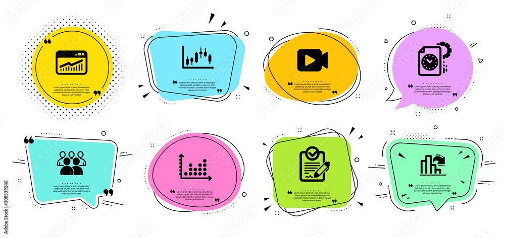 Dot plot, Decreasing graph and Video camera line icons set. Chat ...