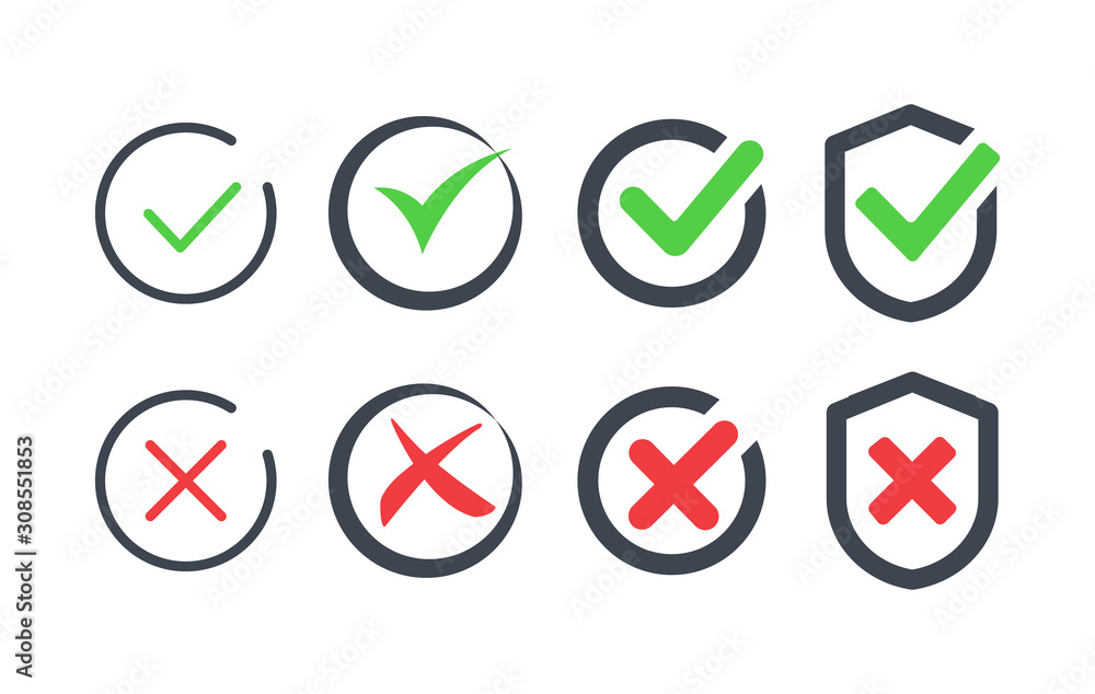 Check mark, tick and cross signs, green checkmark OK and red X icons 素材 ...