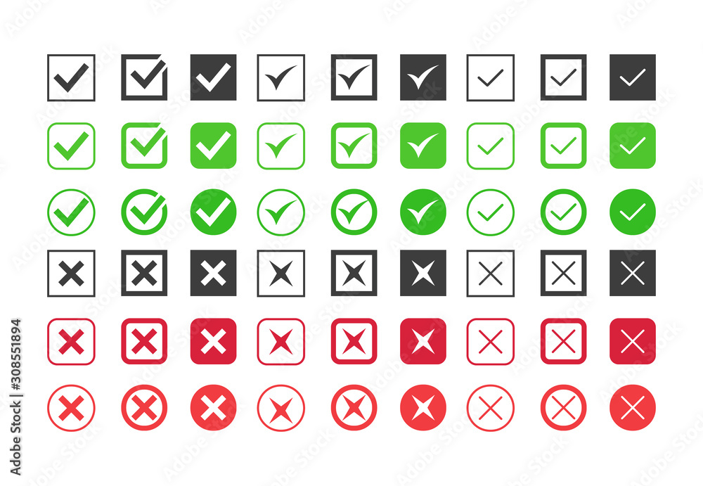 Check mark, tick and cross signs, green checkmark OK and red X icons ...