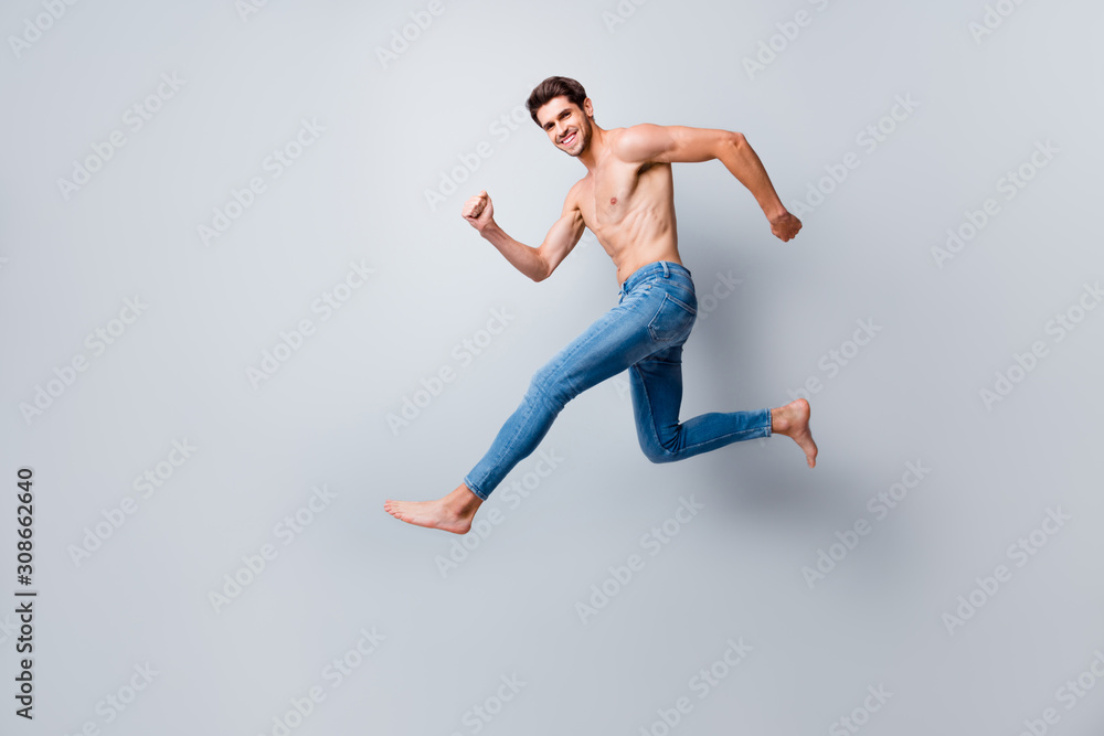 Full size profile photo of crazy macho man guy jumping high running ...