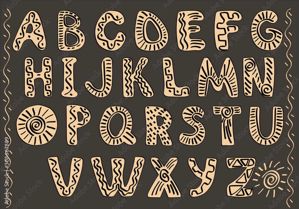 Font in the style of ancient cave paintings. The English alphabet in a ...