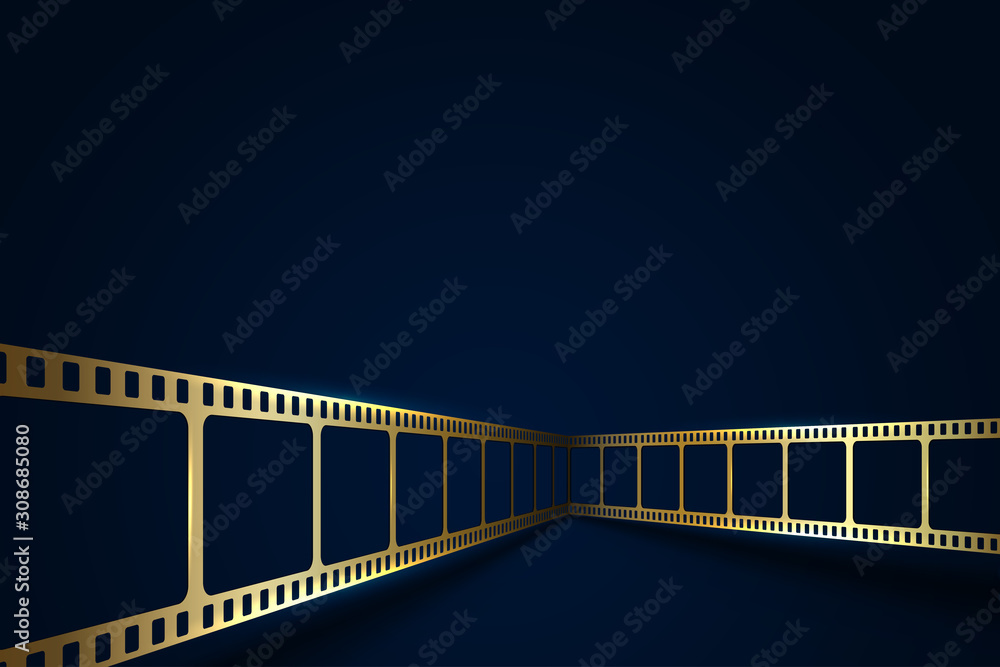 Realistic 3D gold cinema film strip isolated on blue background ...