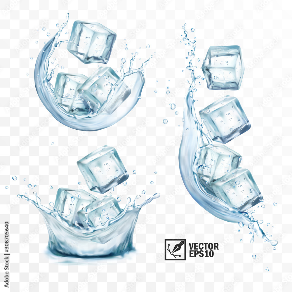 3d realistic vector transparent ice cubes in different spurts and ...
