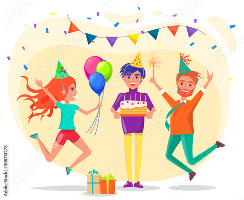 Friends celebrating birthday of male character holding cake with lit ...