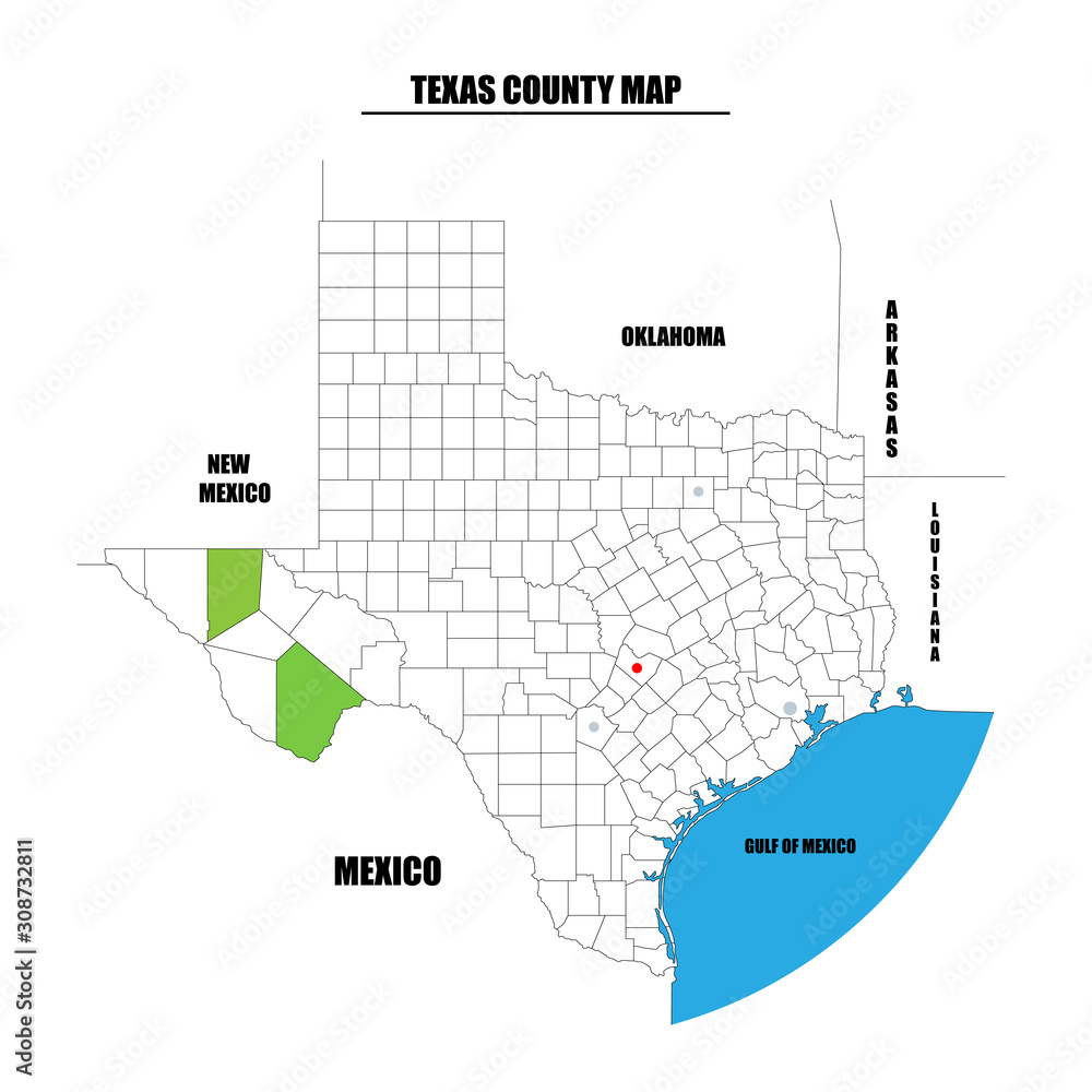 County map of Texas state, USA. Every county is named in Layers panel ...