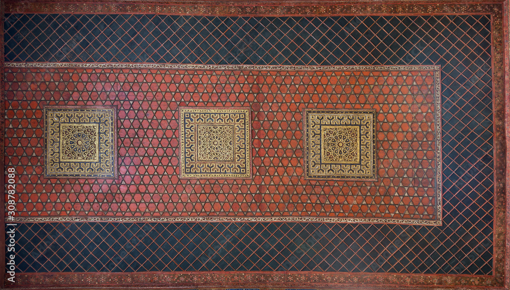 Foto de Stock Wooden ceiling decorated with floral patterns painted in ...