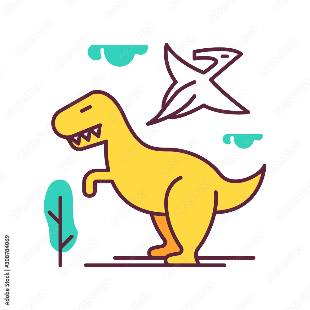 Dinosaurs color icon. Prehistoric animals. Tyrannosaurus rex. Flying ...