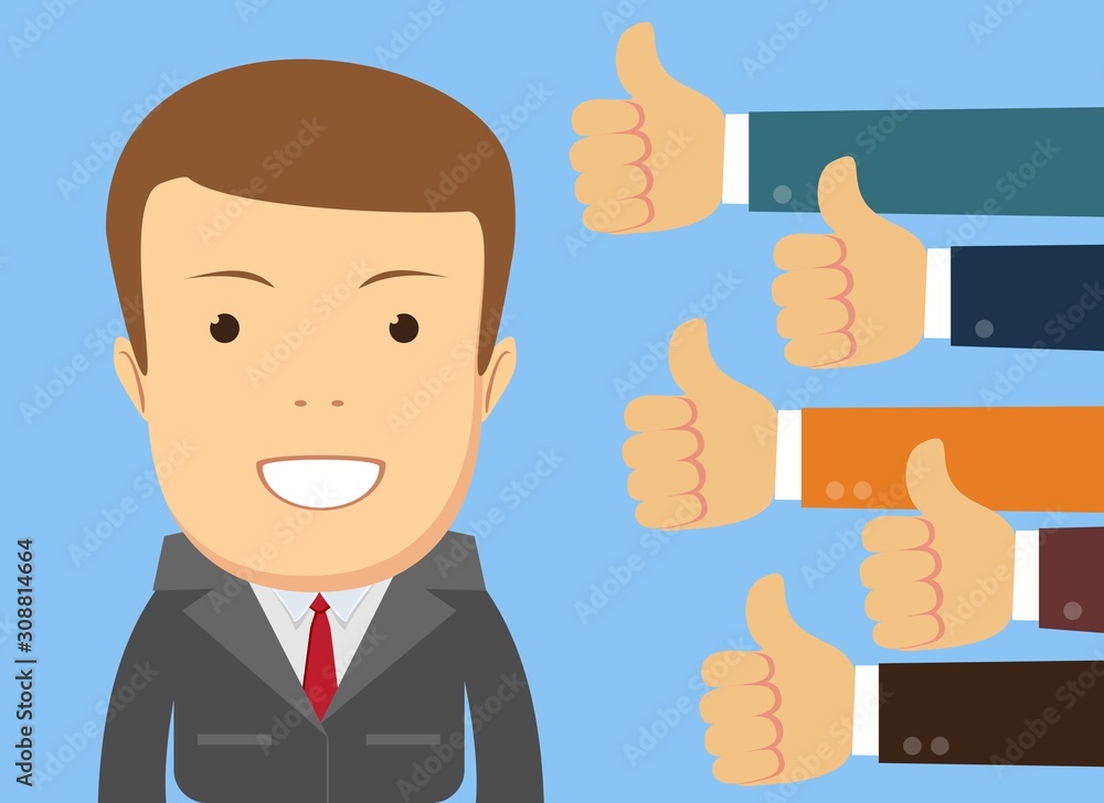 Стоковий вектор Smiling happy young man surrounded by hands with thumbs ...