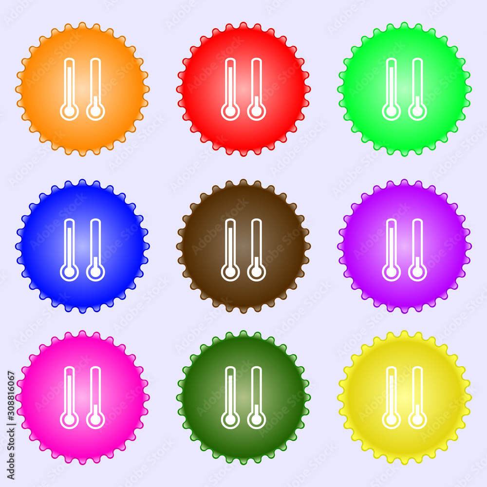 thermometer temperature icon sign. A set of nine different colored ...