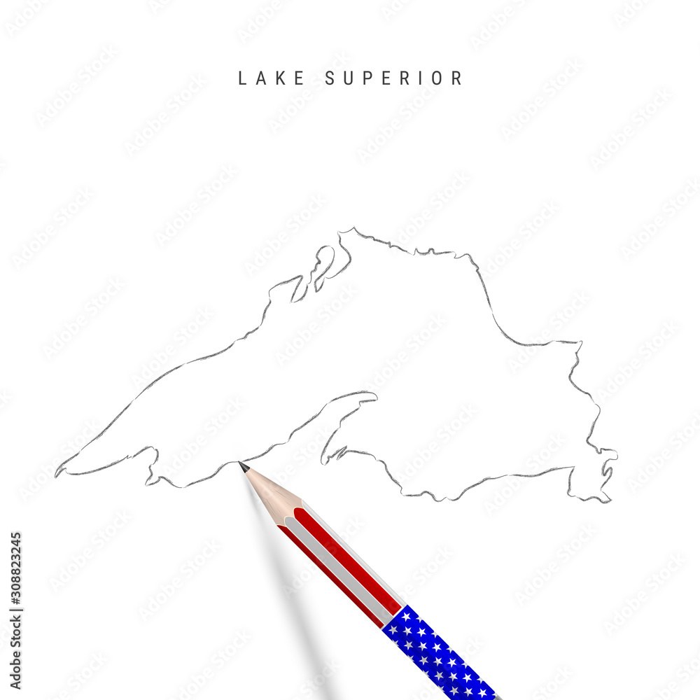 Lake Superior vector map pencil sketch. Lake Superior outline map with ...
