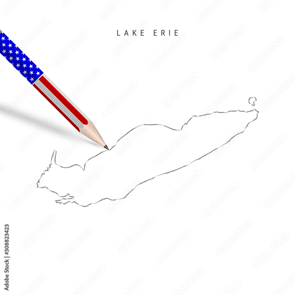 Lake Erie vector map pencil sketch. Lake Erie outline map with pencil ...