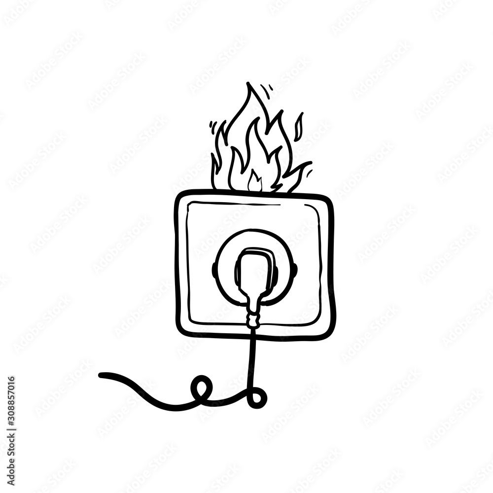 Fire wiring. Socket and plug on fire from overload. Electrical safety ...
