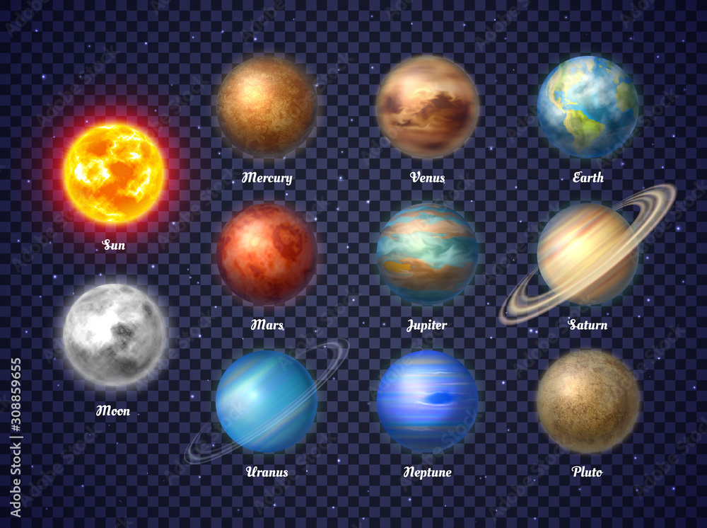 Colorful sun, moon and nine planets of solar system isolated on ...