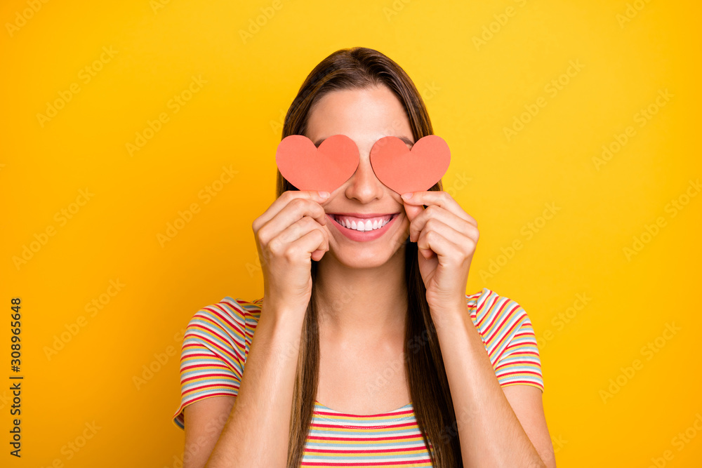 Closeup photo of funny lady holding hands little red paper hearts shy ...