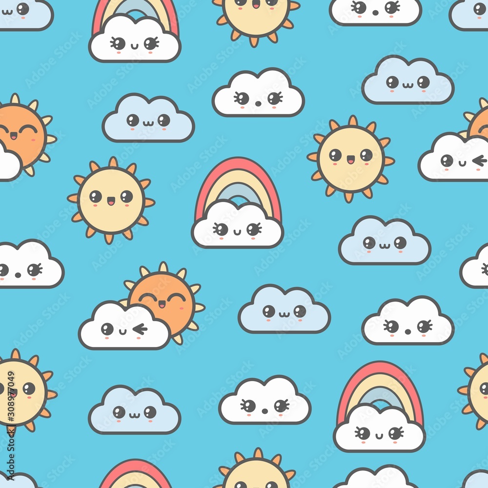 Clear blue sky. Sun and clouds, rainbow. Cute kawaii weather icons ...