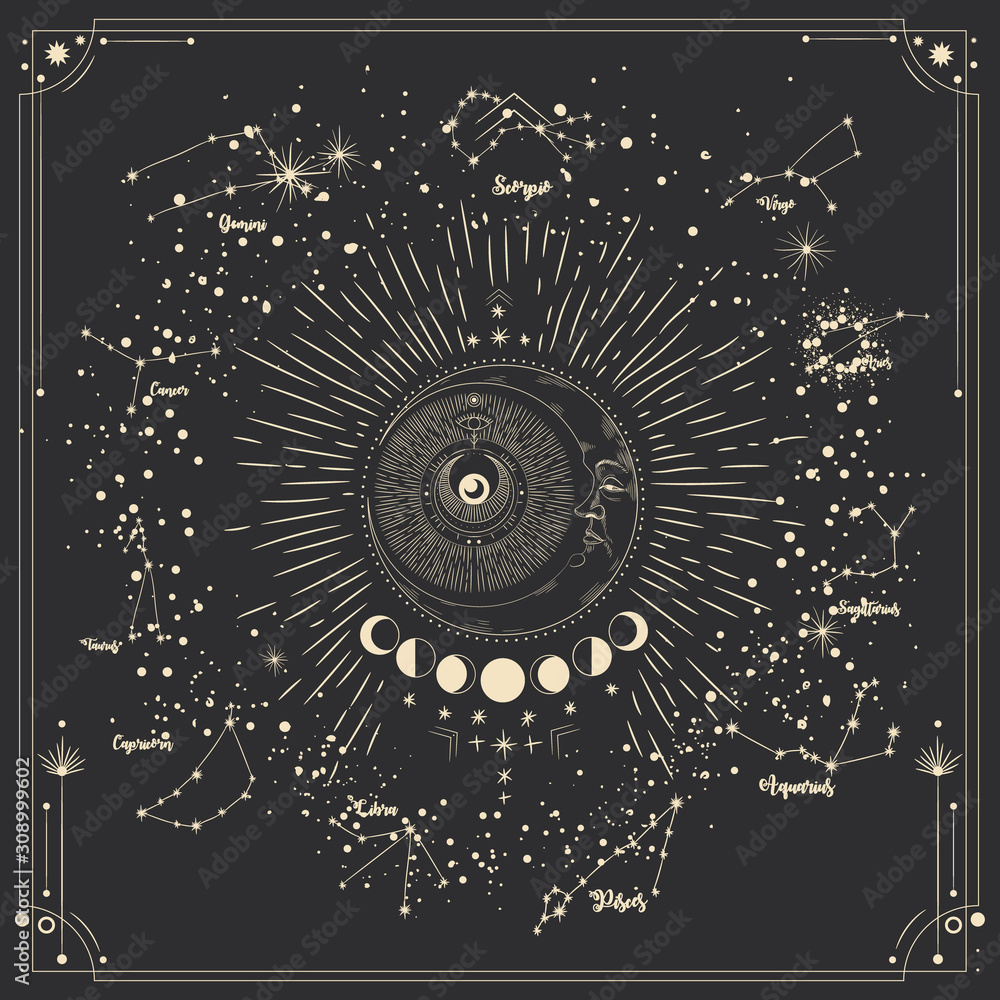 Vector illustration set of moon phases. Different stages of moonlight ...