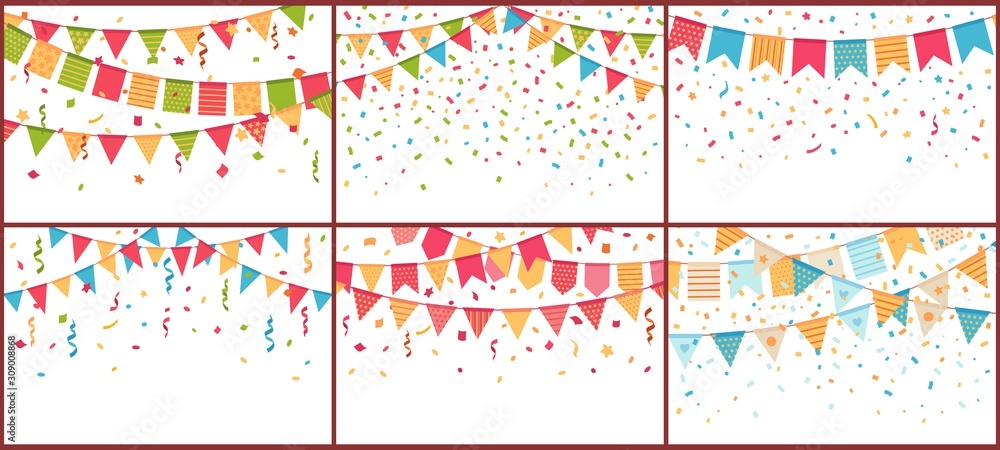 Birthday party bunting and confetti. Color paper streamers, confettis ...
