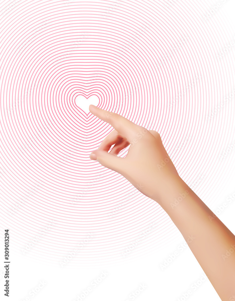 Vector de Stock Forefinger is pressing 2d Heart. Womans wrist closeup ...