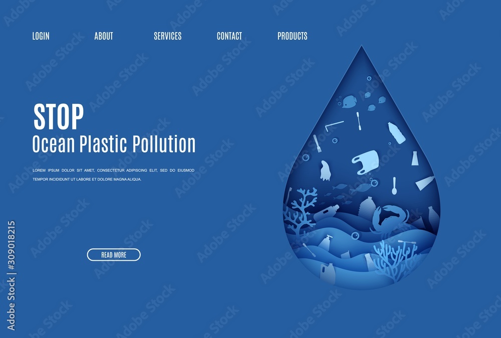 Web page stop ocean plastic pollution banner design template in paper ...