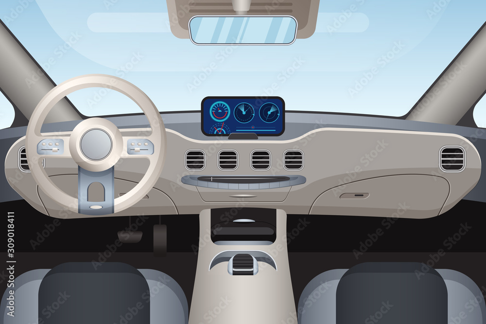 Luxurious beige car interior vector illustration. Dashboard and ...