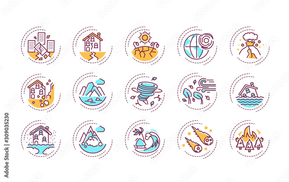 Natural disasters color line icons set. A major adverse event resulting ...