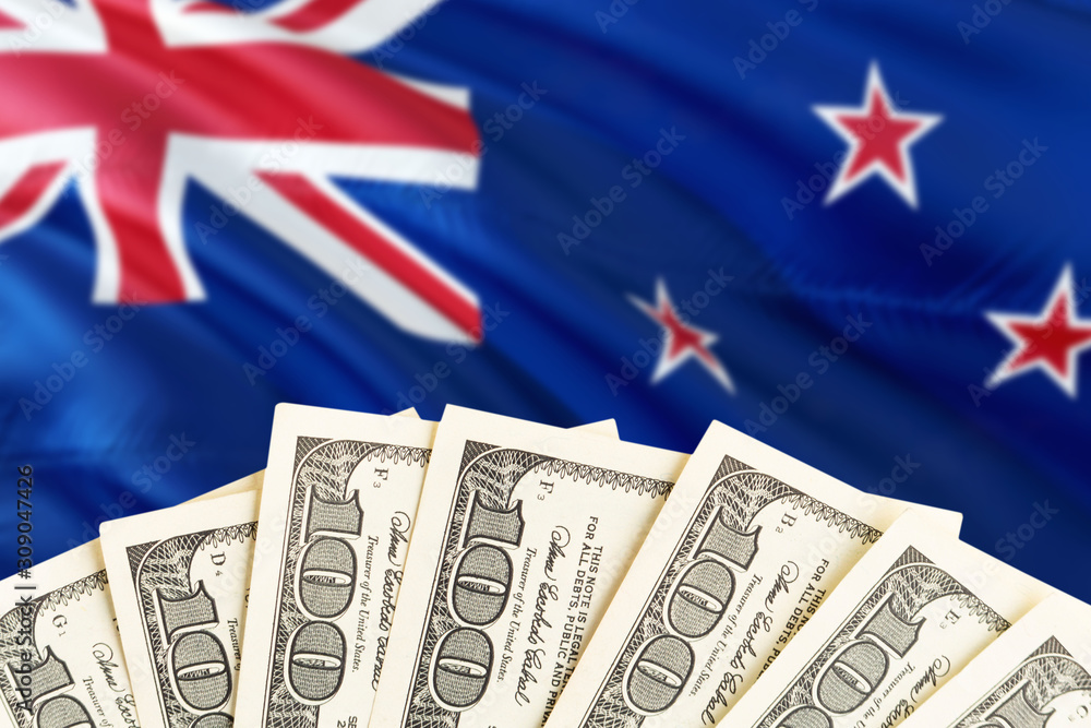 New Zealand economy concept. Dollar banknotes on the side of national ...