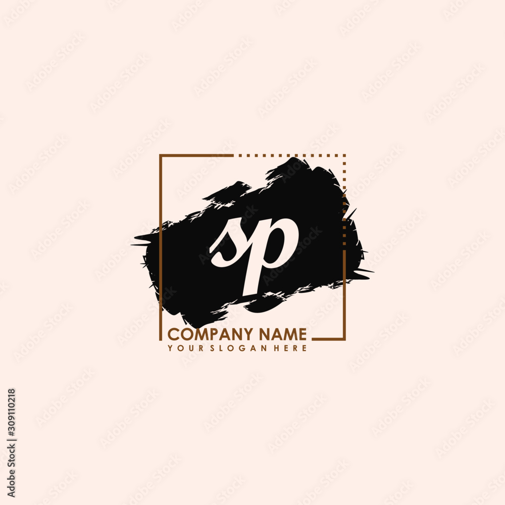 Initial letter SP handwriting logo template. with box lines, and brush ...