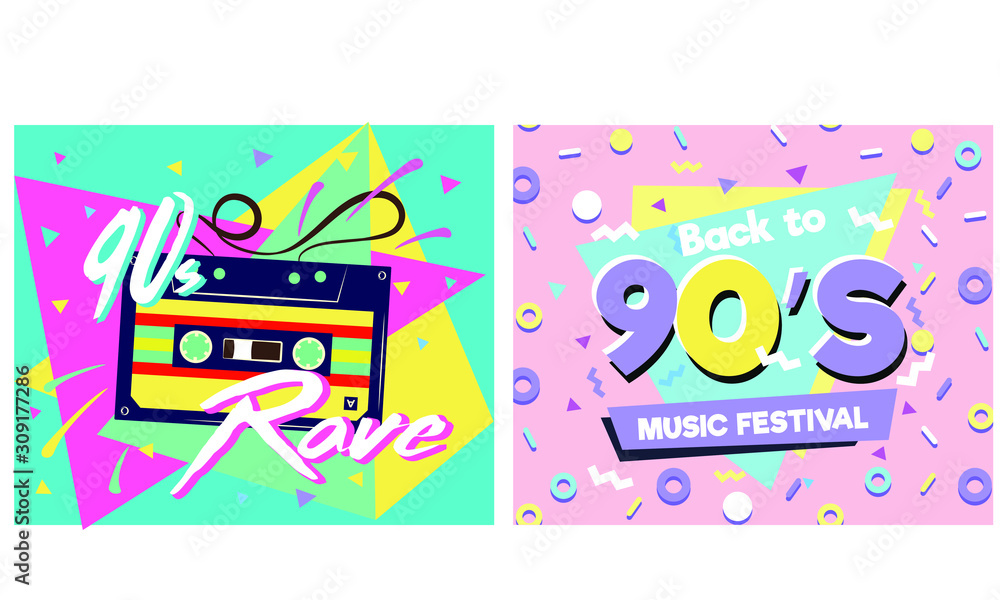 Retro party poster. Music of the nineties, vintage cassette tape and ...