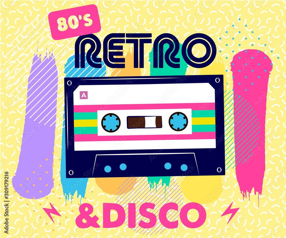 Retro party poster. Music of the nineties, vintage cassette tape and ...
