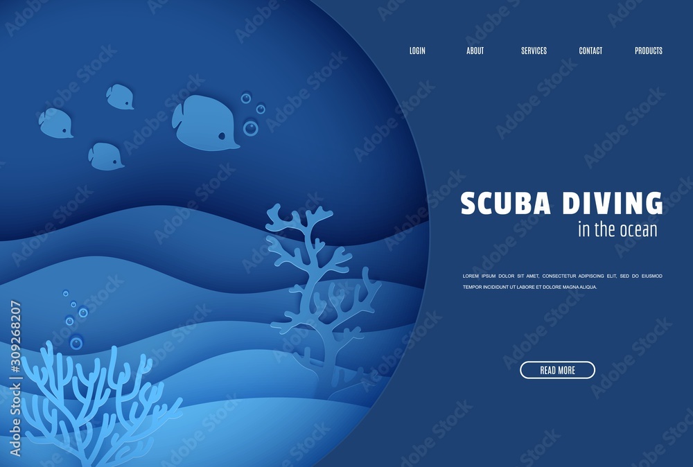 Web page design template in paper cut style underwater ocean underwater ...