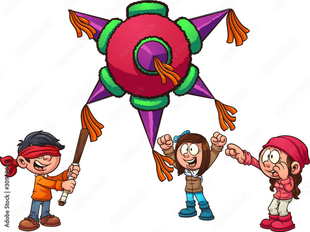 เวกเตอร์ Stock Cartoon kids playing with pinata clip art. Vector ...