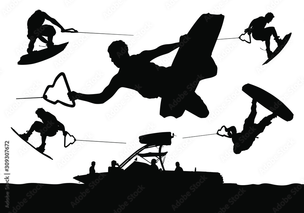 Vector de Stock Vector wakeboarding silhouettes of in-air action and a ...