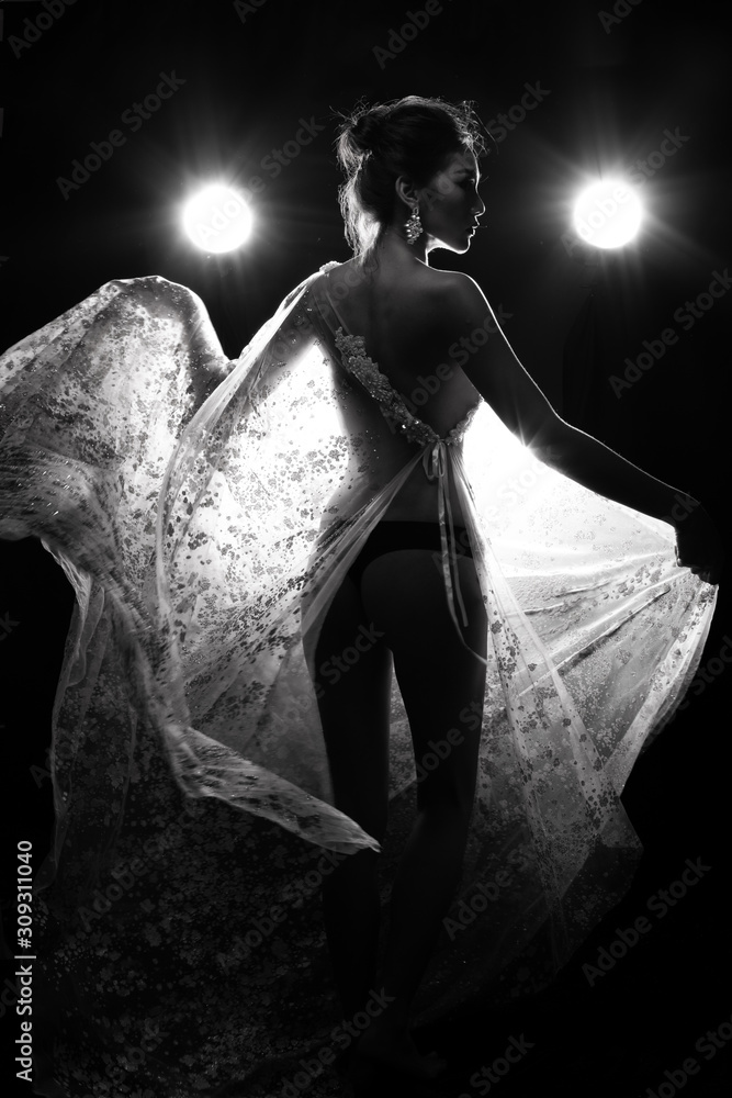 B W Dark Tone Of Erotic Silhouette Nice Shape Asian Woman In Lace See