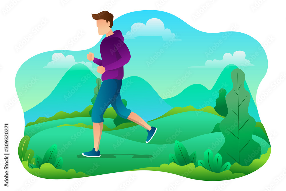Vector illustration of young man running on a park for website landing ...
