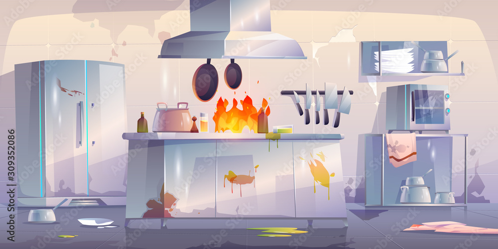 Стоковое векторное изображение «Damaged kitchen in restaurant, empty ...