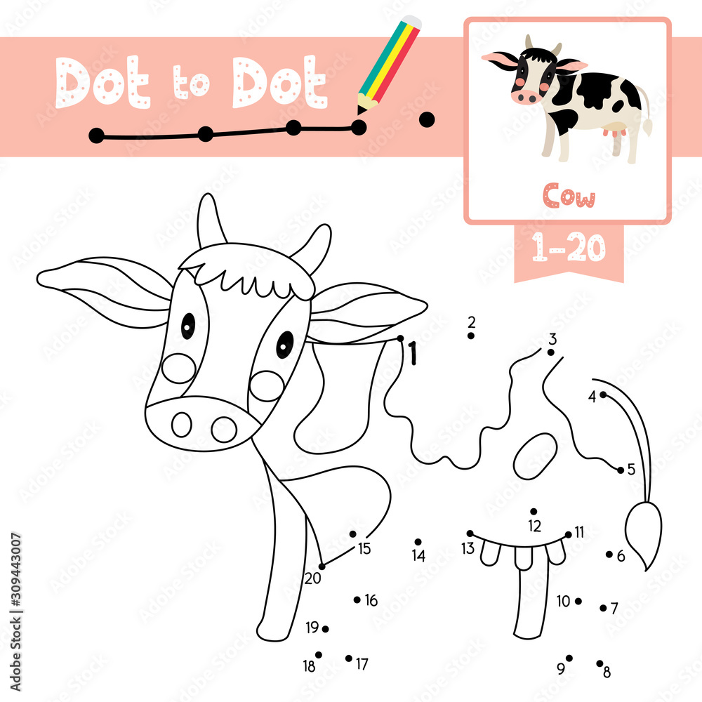 Dot to dot educational game and Coloring book Cow animal cartoon ...