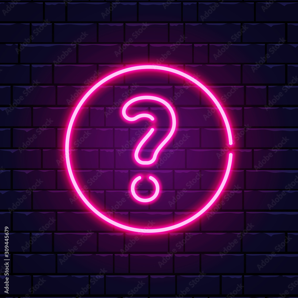 Neon question mark. Glowing pink question sign. Color neon banner on ...