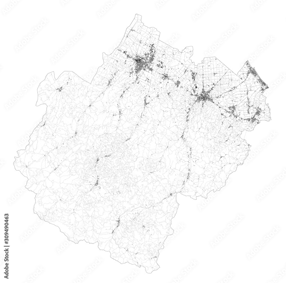 Satellite map of Province of Forli-Cesena towns and roads, buildings ...