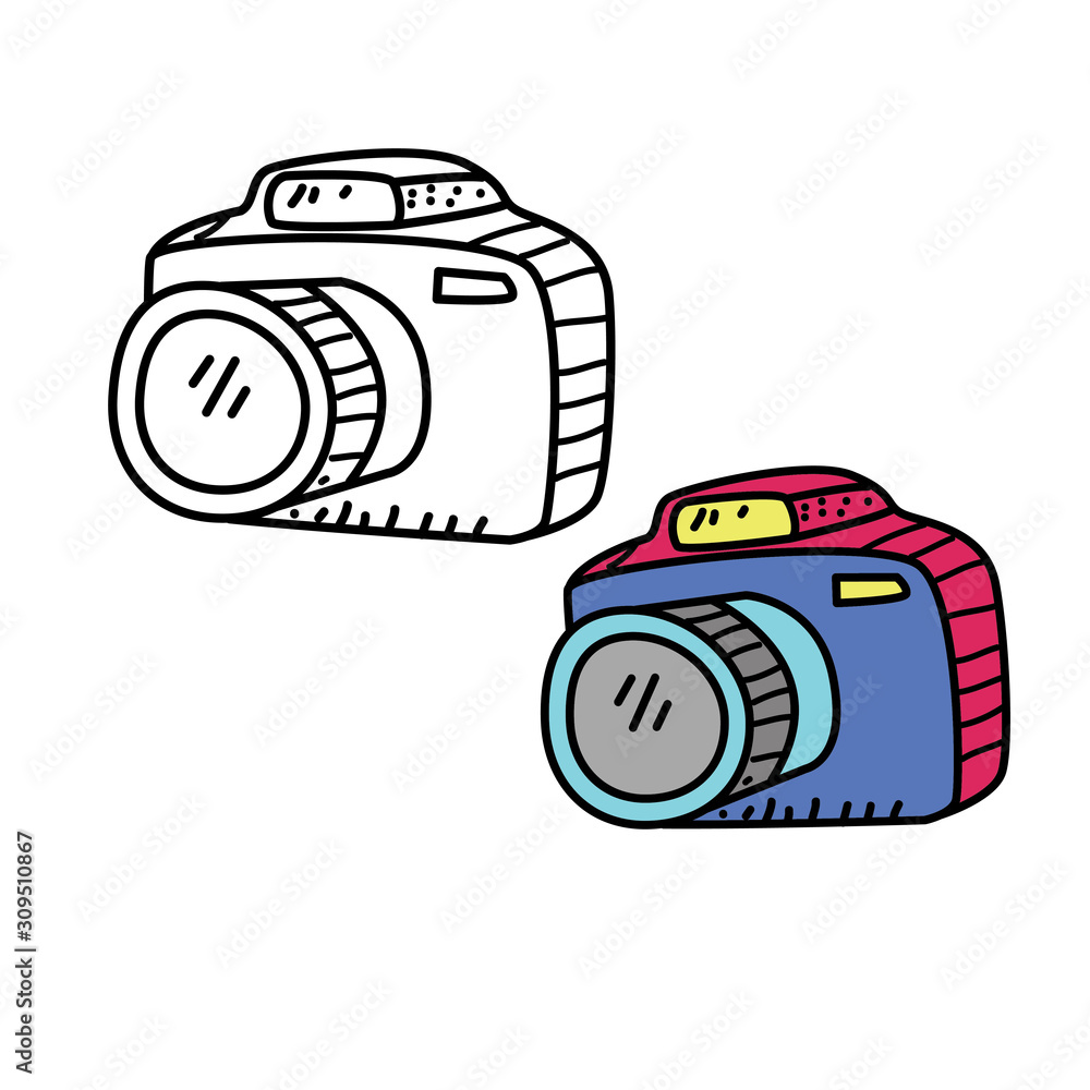 Two hand drawn camera vector illustration with black and colored ...