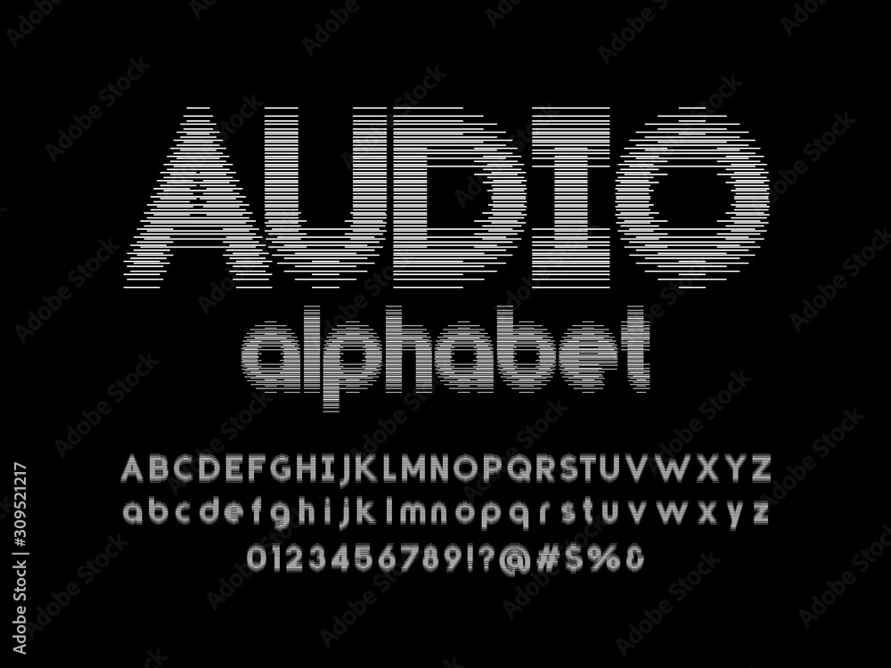 Sound wave style alphabet design with uppercase, lowercase, numbers and ...
